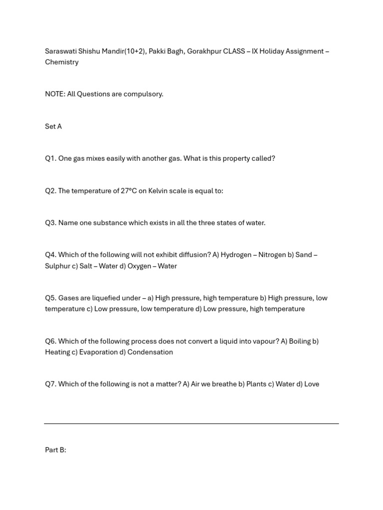 Class-9th Chemistry Summer Vacation Homework | PDF