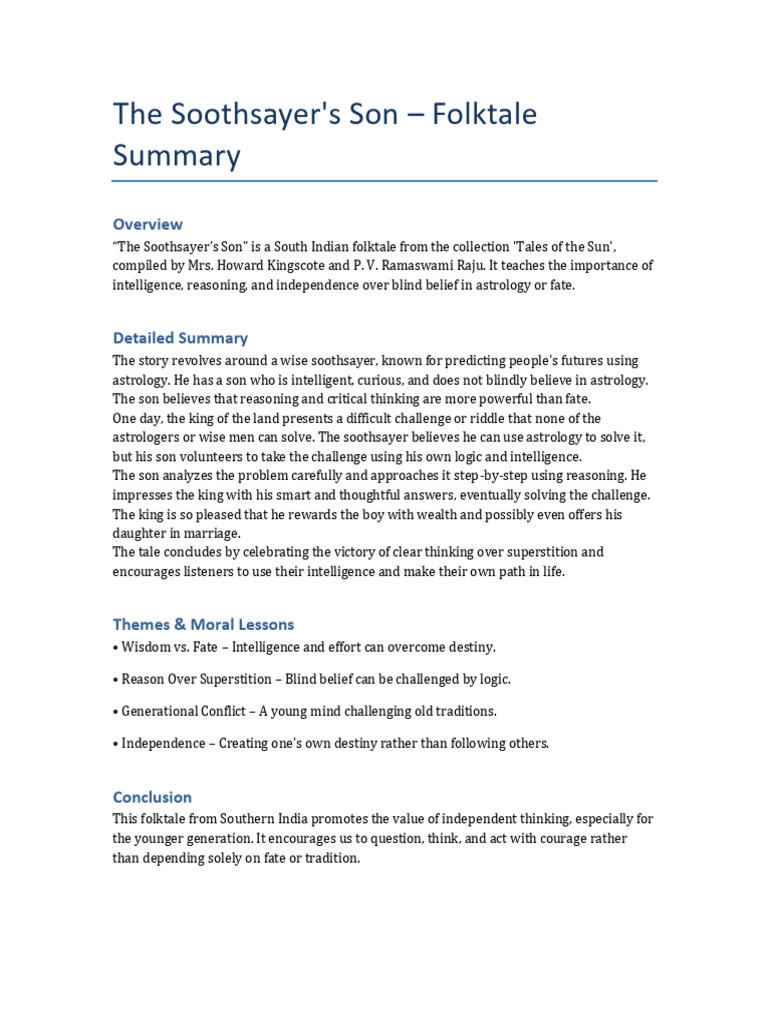 The Soothsayers Son Folktale Summary | PDF