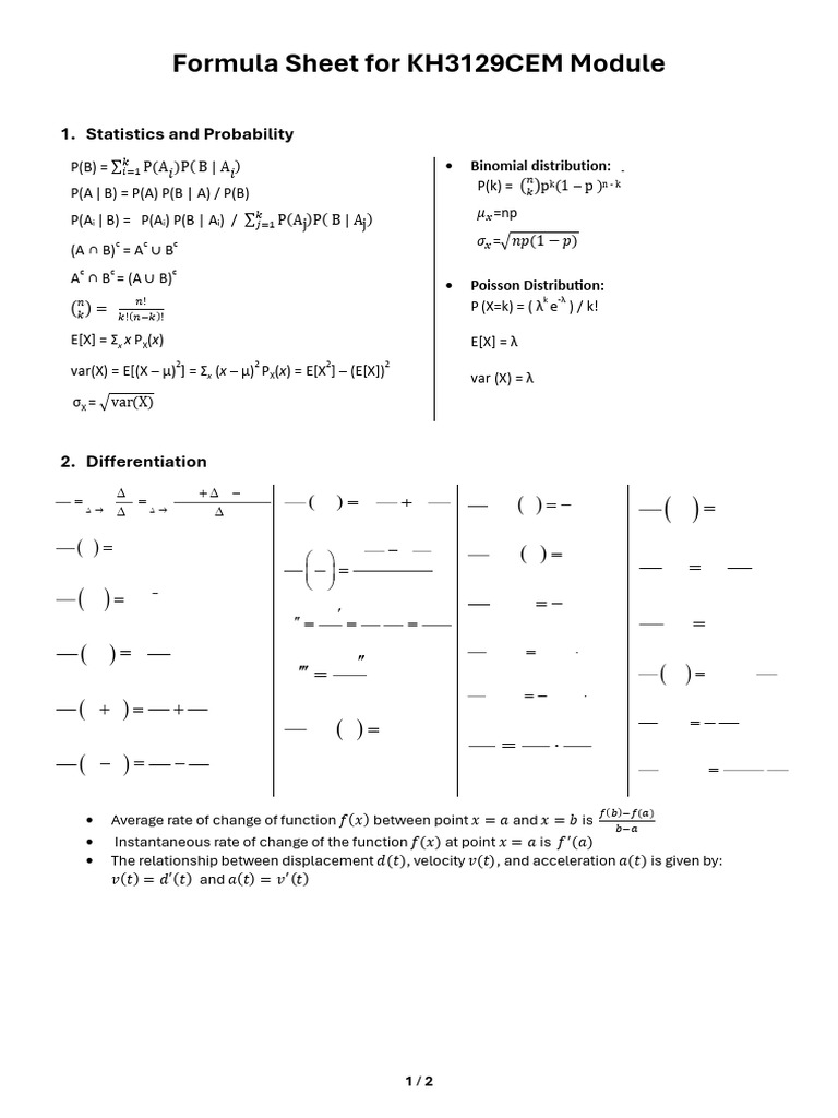 Formula Sheet For KH3129CEM Module-V2.1 | PDF | Calculus | Complex Analysis