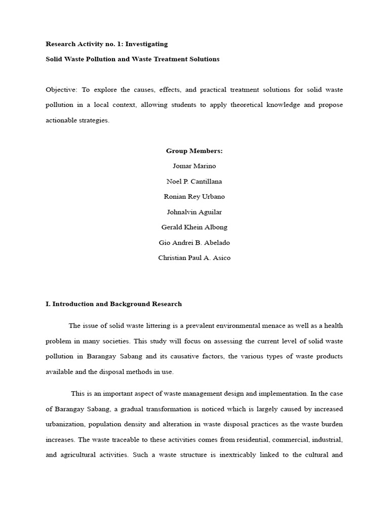 Research Activity No. 1 - Investigating Solid Waste Pollution and Waste ...