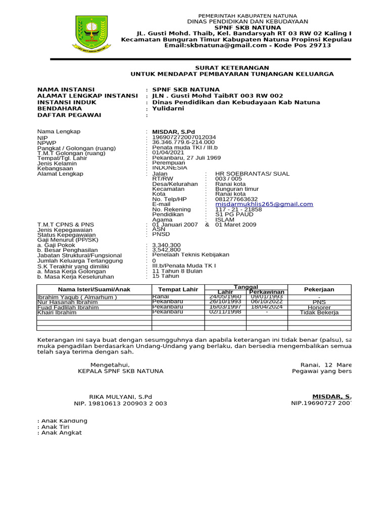 Contoh KP4 Pengajuan Daftar Tunjangan Keluarga | PDF