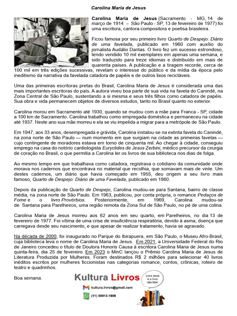 Vida e obra de Carolina Maria de Jesus | PDF
