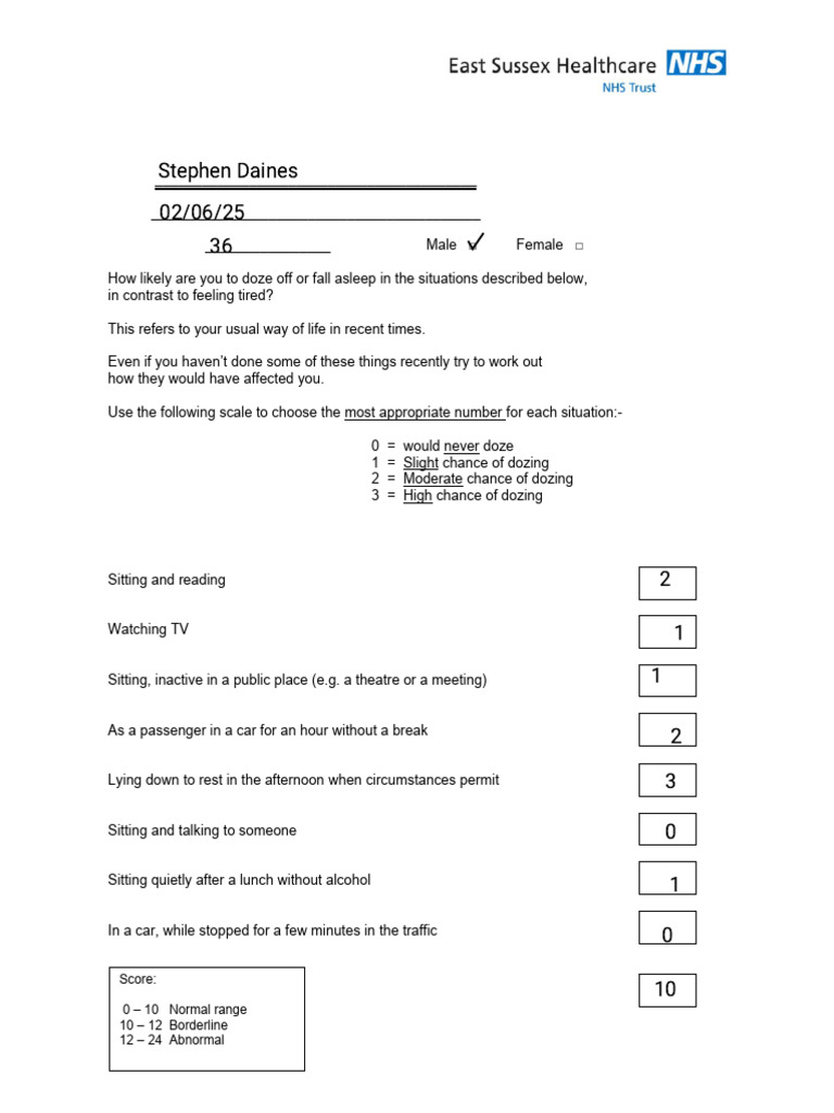 Epworth Sleepiness Scale Questionnaire | PDF