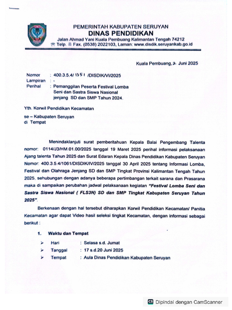 Surat Pemanggilan Peserta FLS3N SD Dan SMP | PDF