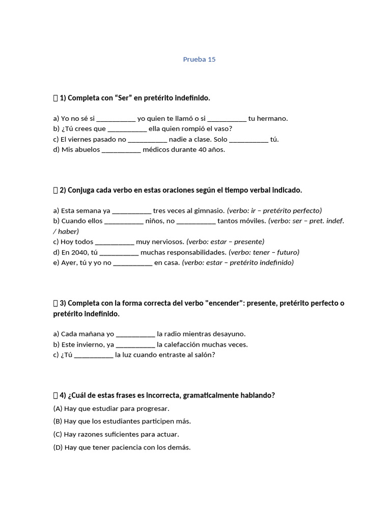 Prueba 15 | PDF | Verbo | Gramática