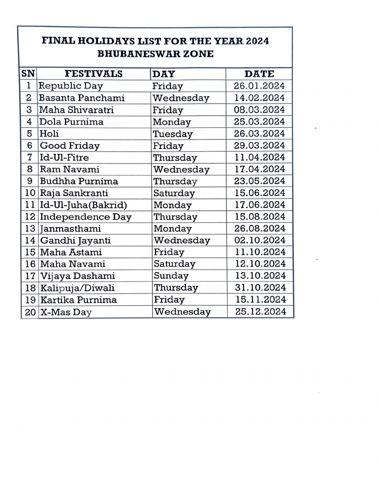 2024 Bhubaneswar Holidays List | PDF