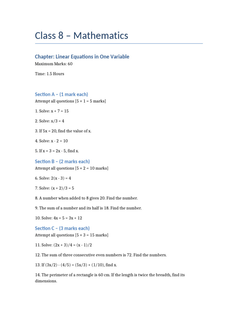 Class 8 Linear Equations Test Paper Pdf 3077