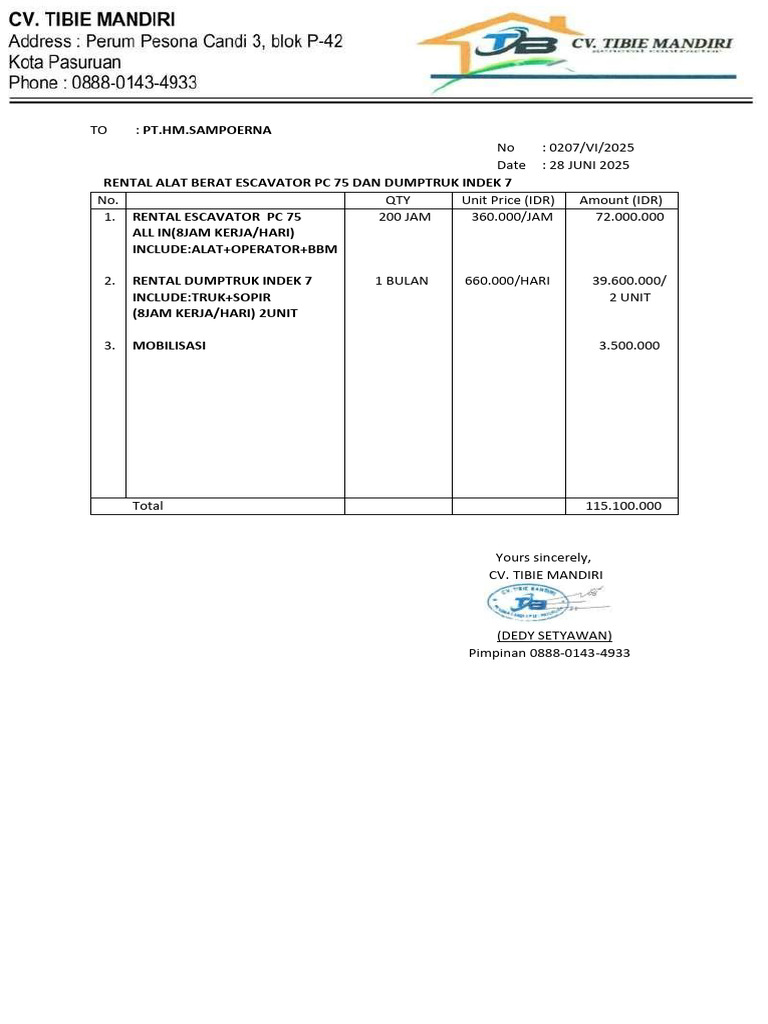 Heavy Equipment Rental Quotation | PDF