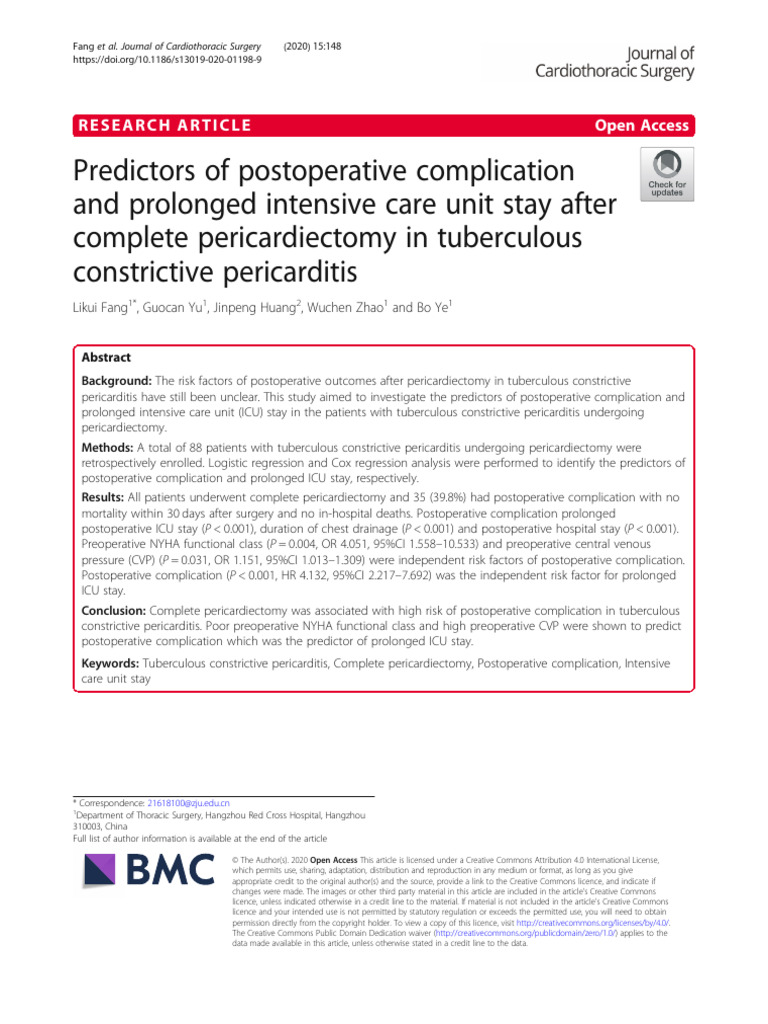 2020 - Predictor of Postoperative Complication and Prolonged Intensive Care Unit Stay After ...