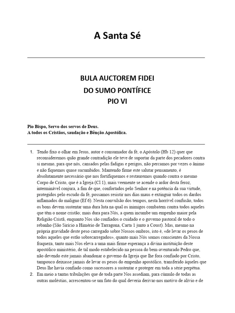 Bula Auctorem Fidei: Defesa da Fé Católica | PDF | Eucaristia | Graça ...