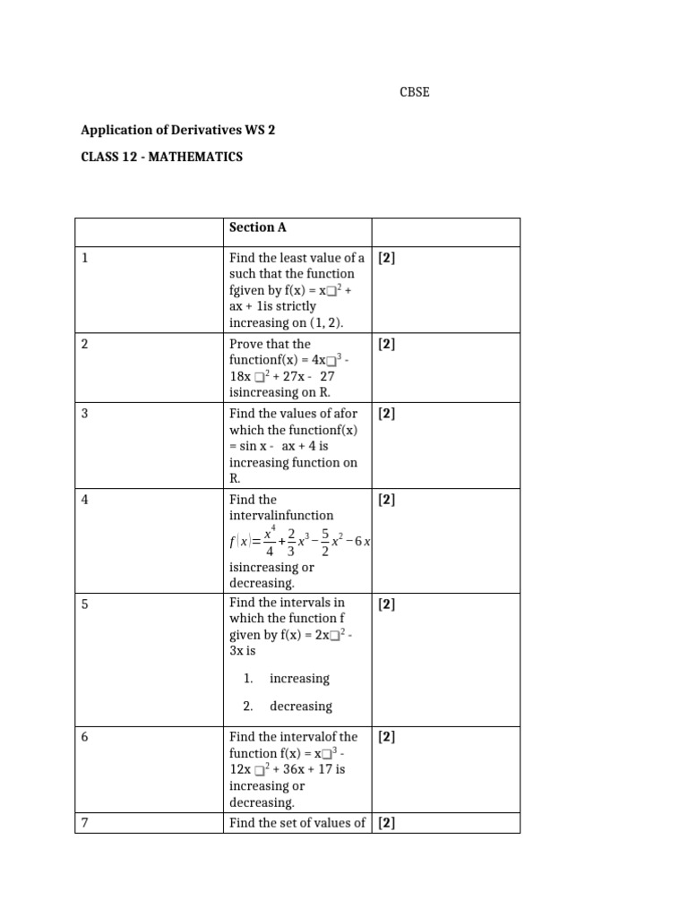 Application of Derivatives WS 2 Word (Increasing and Decreasing ...