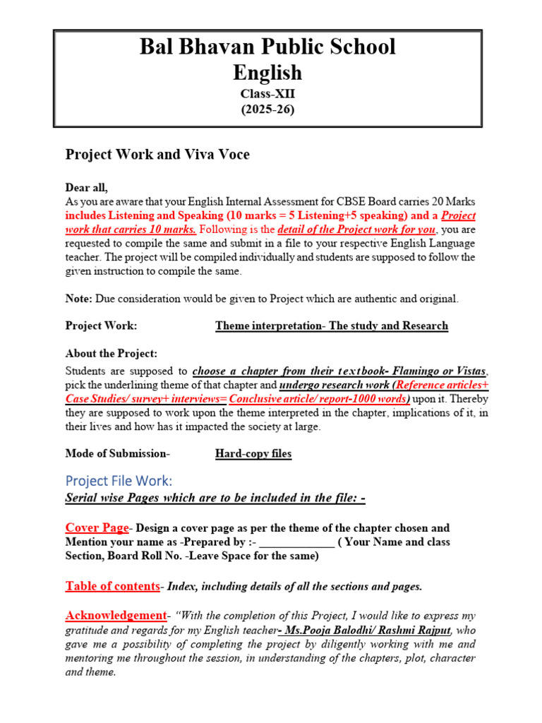 CBSE English Project Work Guidelines | PDF