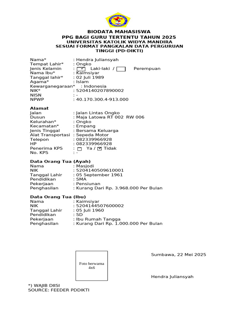 Hendra Juliansyah Format Biodata Mahasiswa PPG | PDF