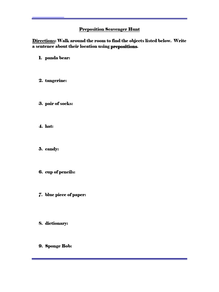 Beg 5 Preposition Scavenger Hunt | PDF