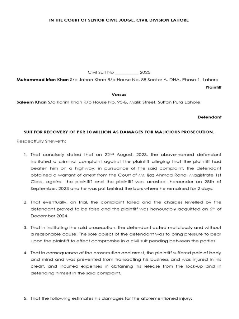Malicious Prosecution Damages Claim | PDF | Lawsuit | Damages