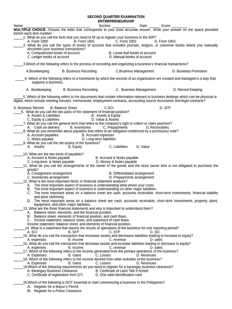2nd Quarter Exam Entrep | PDF | Balance Sheet | Debits And Credits
