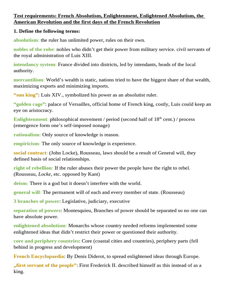 Requirements (Absolutism, Enlightenment, Enlightened Absolutism, USA ...