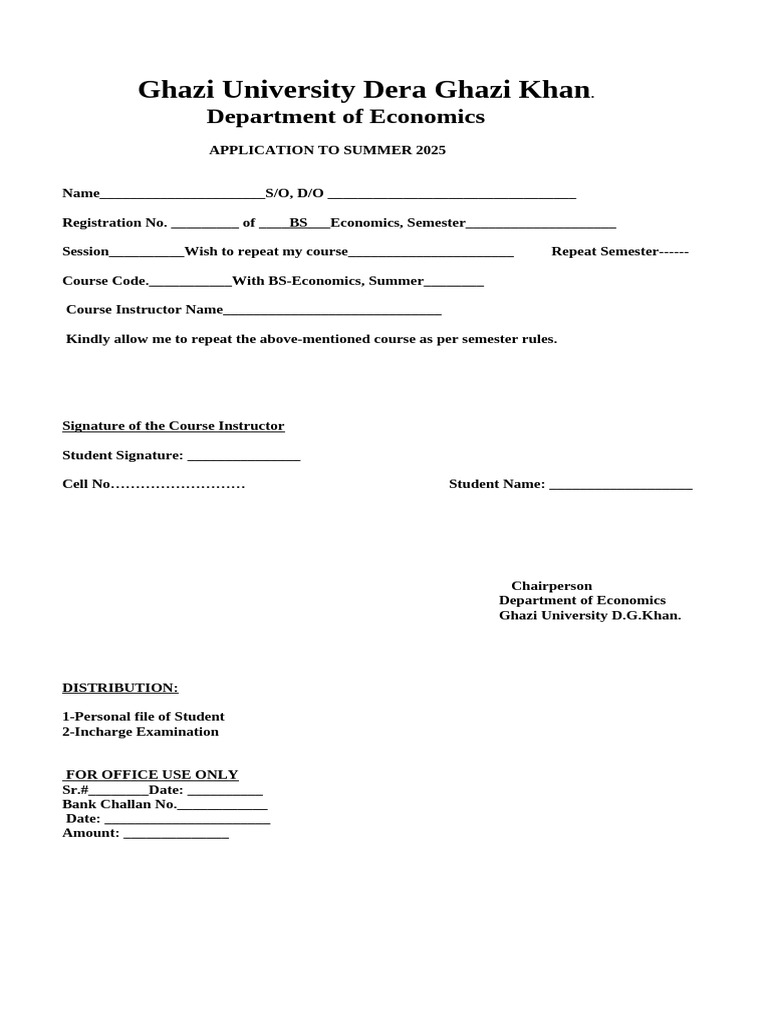 Ghazi University Summer 2025 Course Repeat Application | PDF