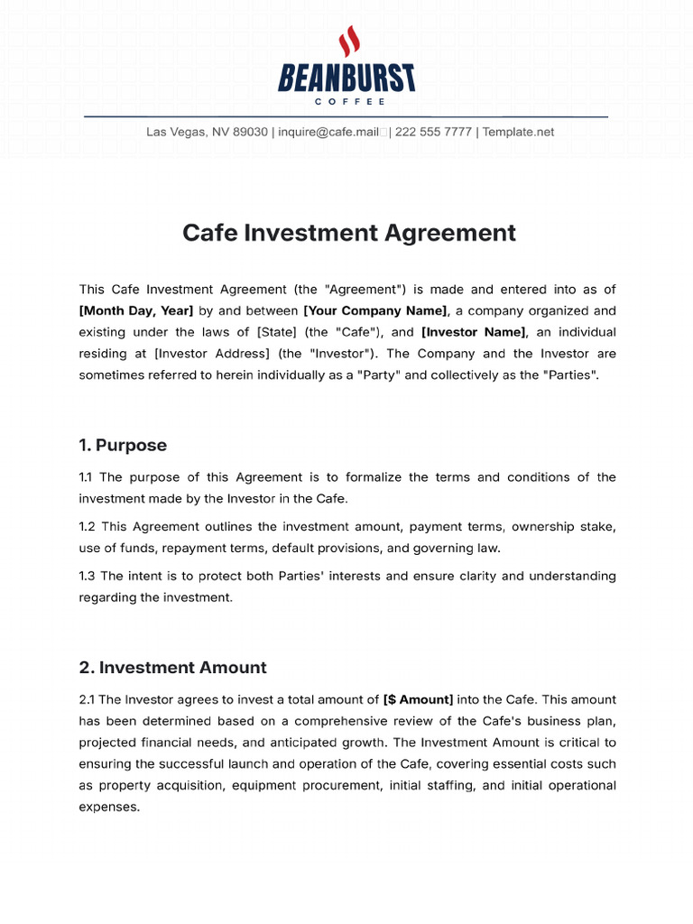 Cafe Investment Agreement Template | PDF