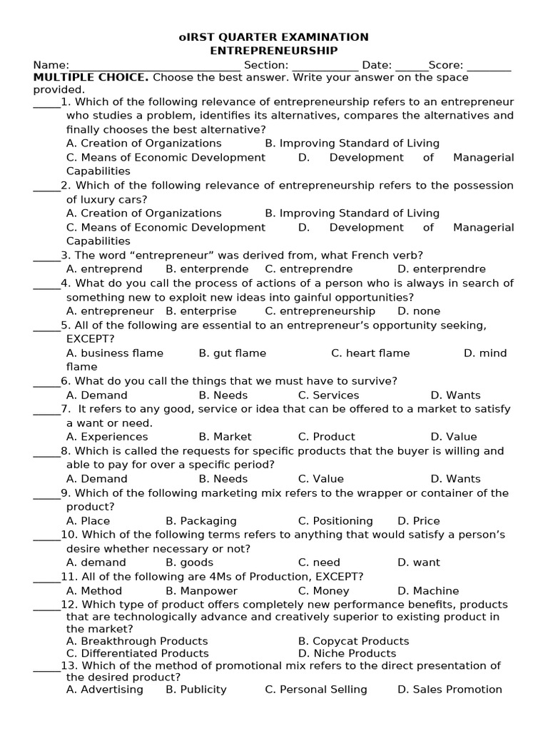 Entrepreneurship Exam: Multiple Choice Questions | PDF ...