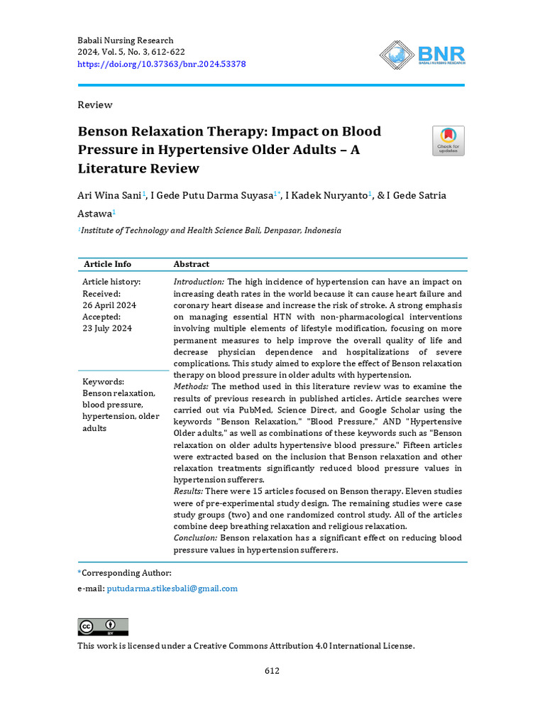Benson Technique Effect On Blood Pressure in Hypertensive Elderly | PDF ...