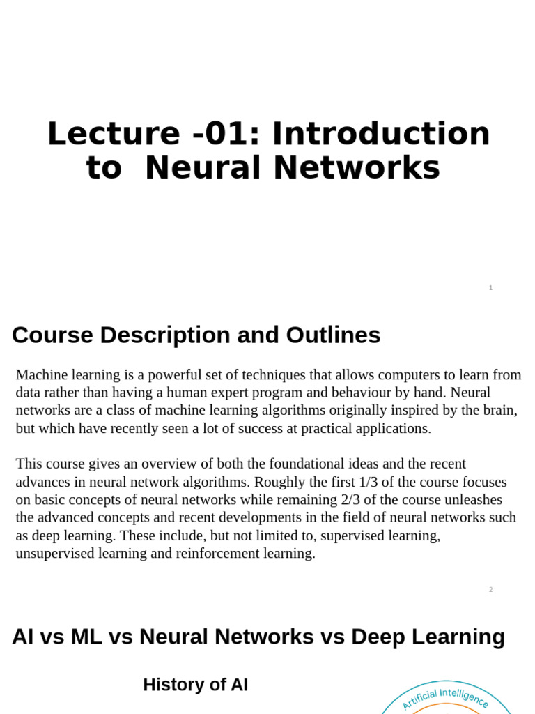 Updated - Lecture01 - Introduction To ML and Neural Networks | PDF | Machine Learning | Deep ...