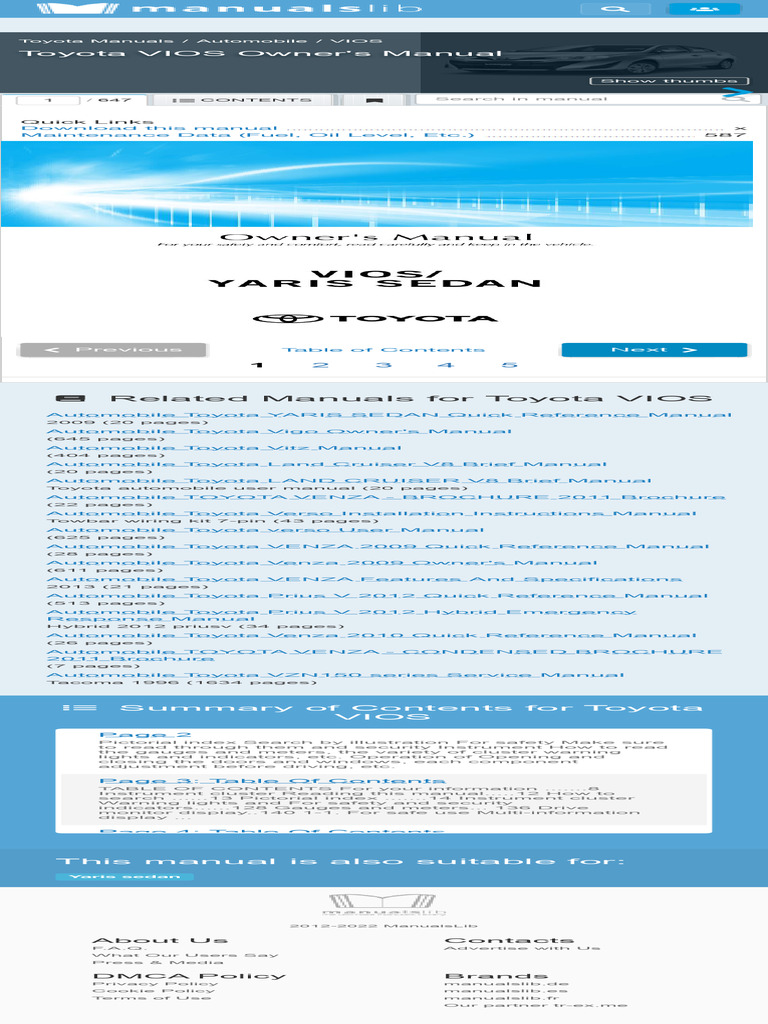 Toyota Vios Owner's Manual | PDF | Toyota | Car