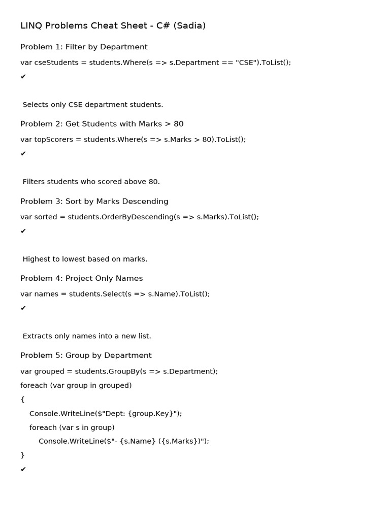 LINQ Problems CheatSheet | PDF