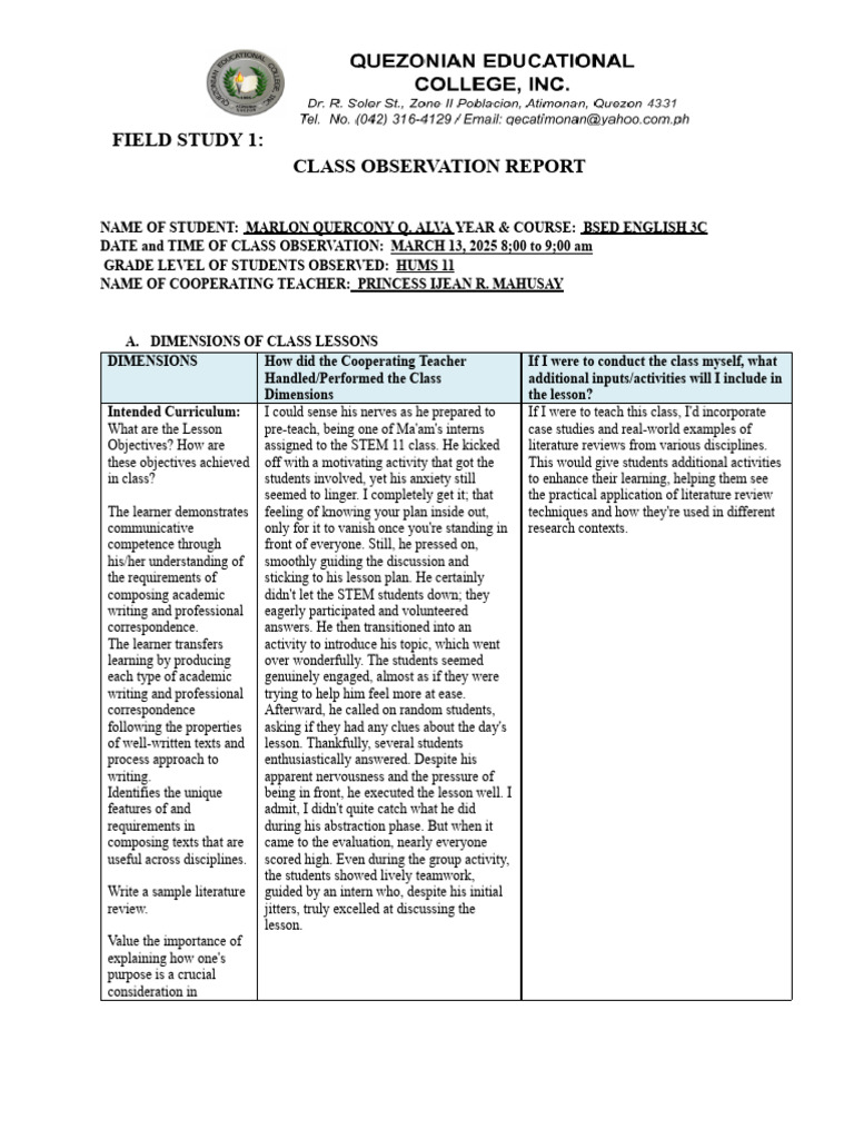 FS 1 Class Observation Report (Reading&Writing) | PDF | Reading ...