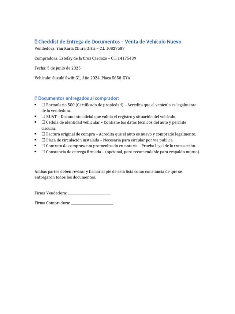 Checklist Entrega Documentos Vehiculo | PDF