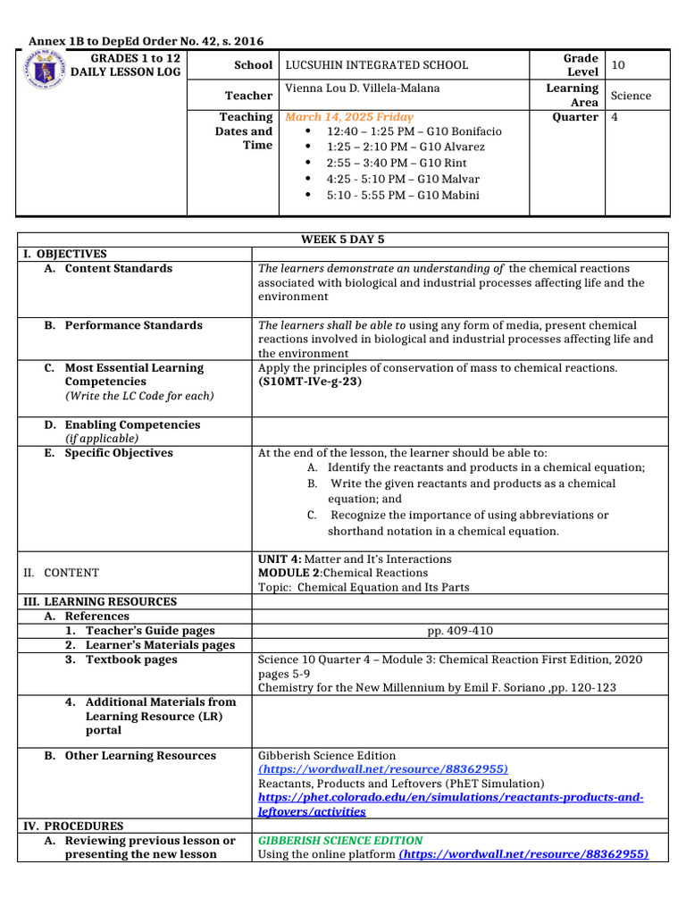 Lesson Plan - Chemical Equation | PDF | Chlorine | Chemical Reactions