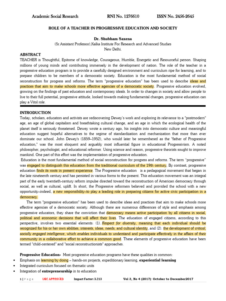 Teacher's Role in Progressive Education | PDF | Learning | Teachers