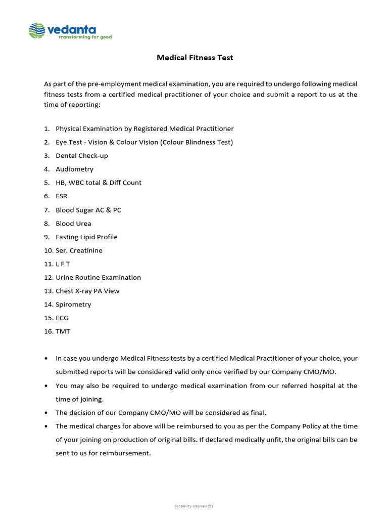 Medical Fitness Test Requirements | PDF