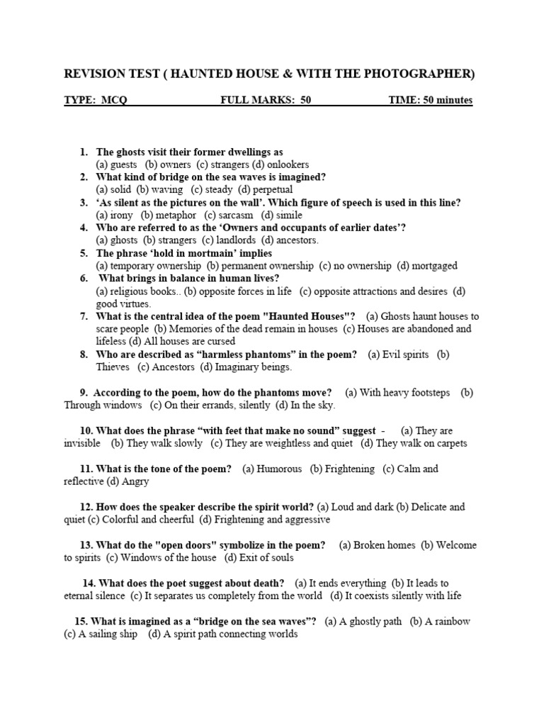 Haunted House MCQ Revision Test | PDF | Ghosts