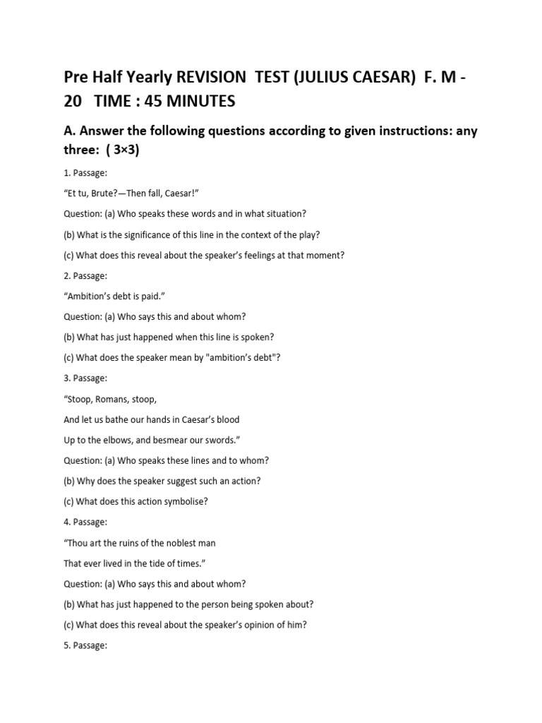 Julius Caesar Act 3 Scene 1 REVISION TEST | PDF | Julius Caesar