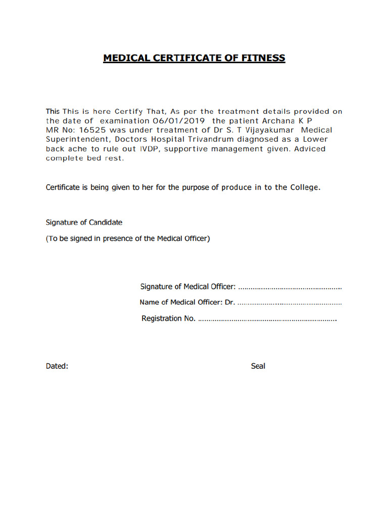 Medical Certificate of Fitness Format | PDF