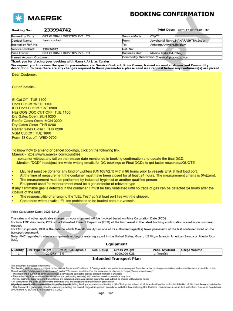 Booking Confirmation for Shipment 233994742 | PDF | Cargo | Office Of ...