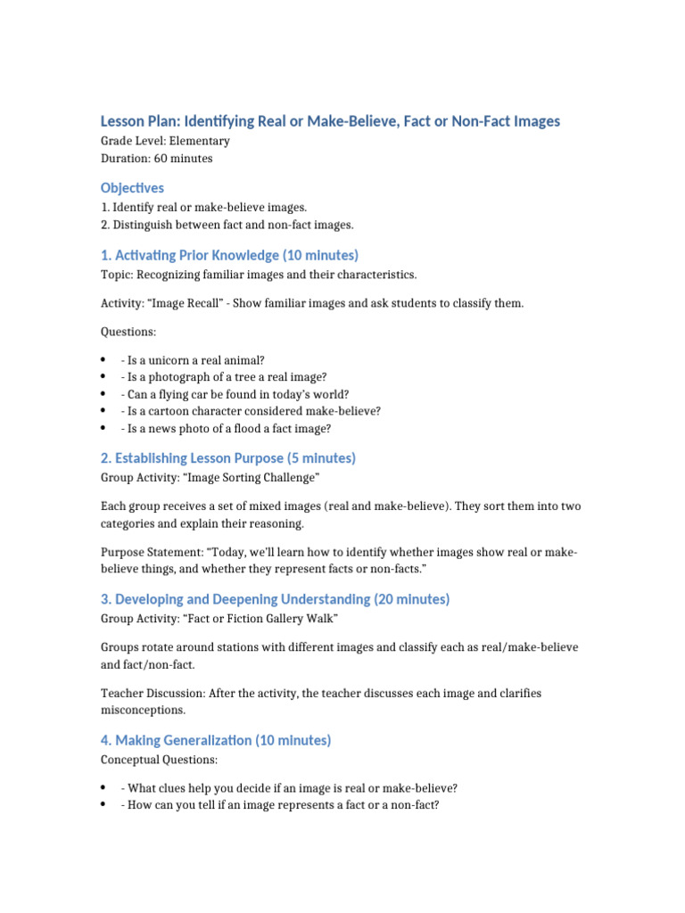 Real vs. Make-Believe Images Lesson | PDF | Lesson Plan | Human ...