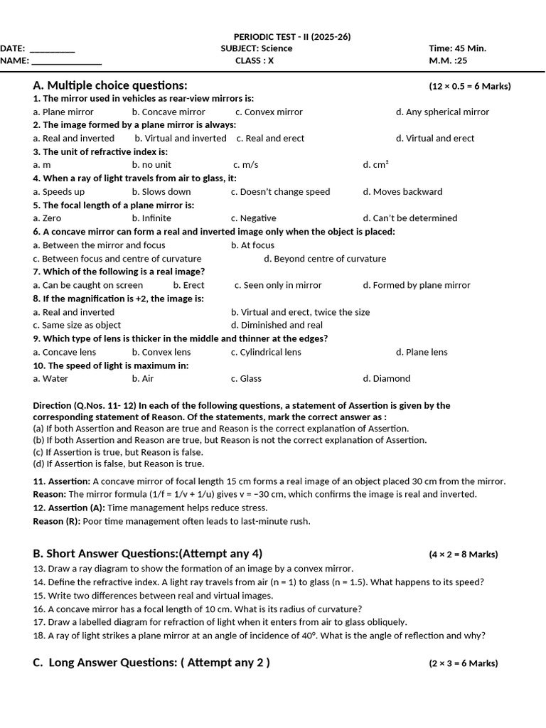 Class 10th Science UT2 2025-26 | PDF | Mirror | Atomic