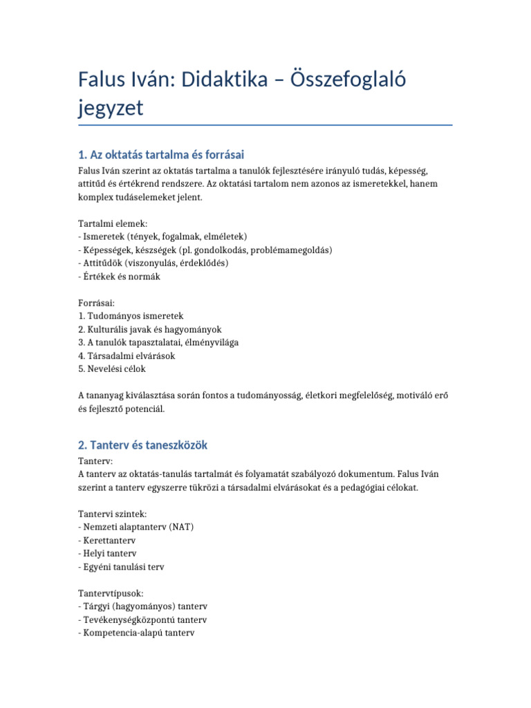 Falus Ivan Didaktika Osszefoglalo | PDF