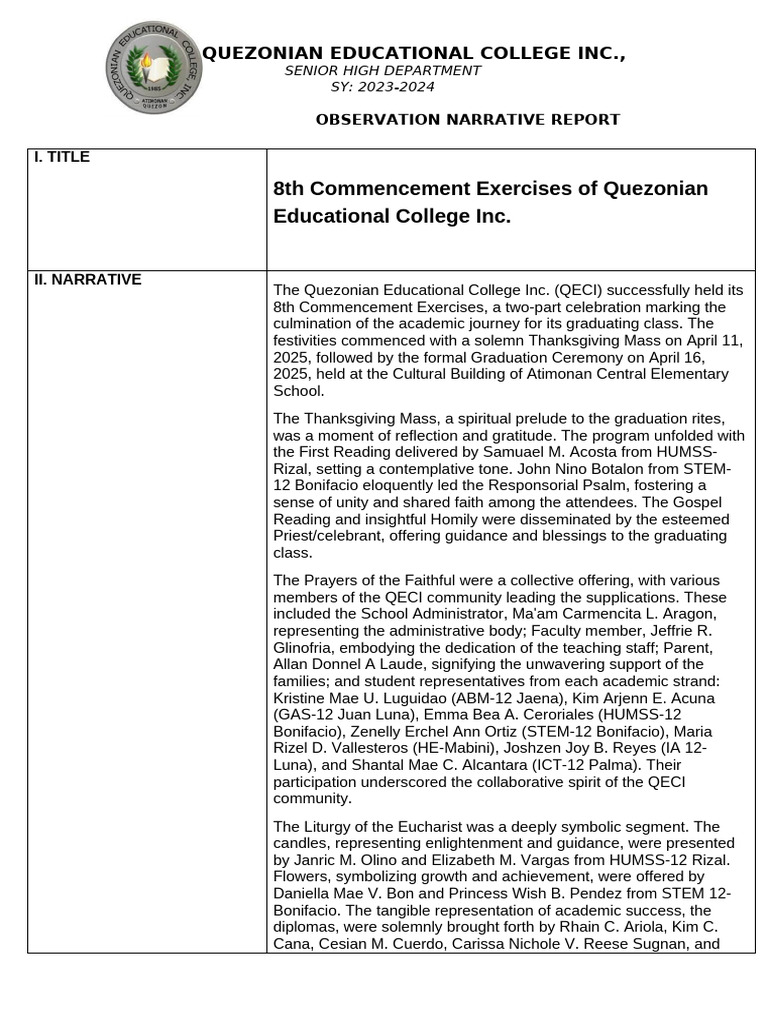 NARRATIVE REPORT Recognition Program 2025 | PDF | Mass (Liturgy) | Catholic Liturgy