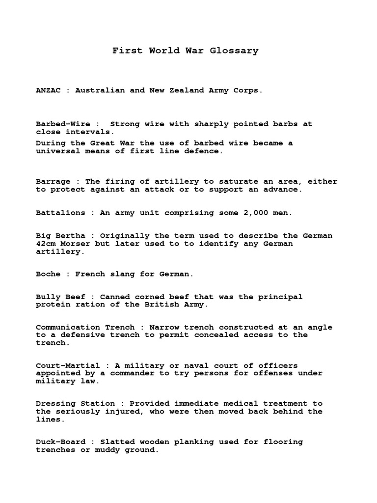 First World War Glossary | PDF | Trench Warfare | World War I