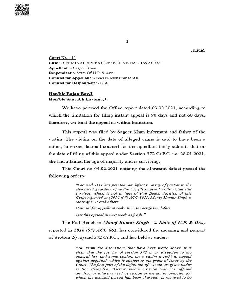 Section 372 CR - PC Order Justice Rajan Roy 2021 | PDF | Crimes | Crime & Violence