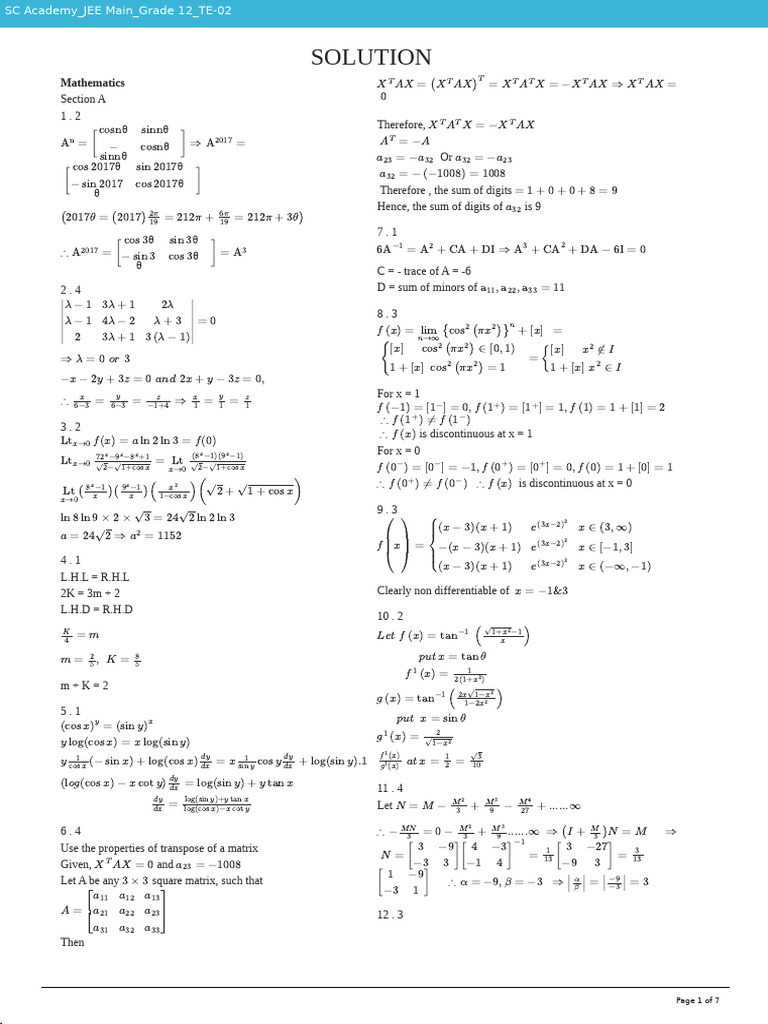 SC Academy JEE Main Grade 12 TE-02 SOlution | PDF | Linear Algebra | Functions And Mappings