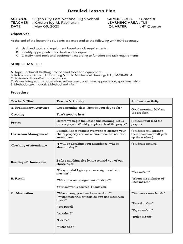 Detailed Lesson Plan in TLE8.2docx | PDF | Drawing