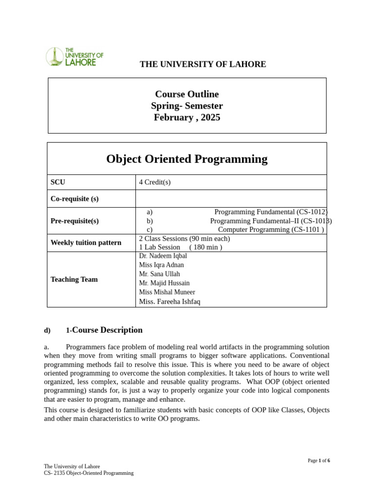 1 Outline OOP C Spring2025 | PDF | Method (Computer Programming) | Inheritance (Object Oriented ...