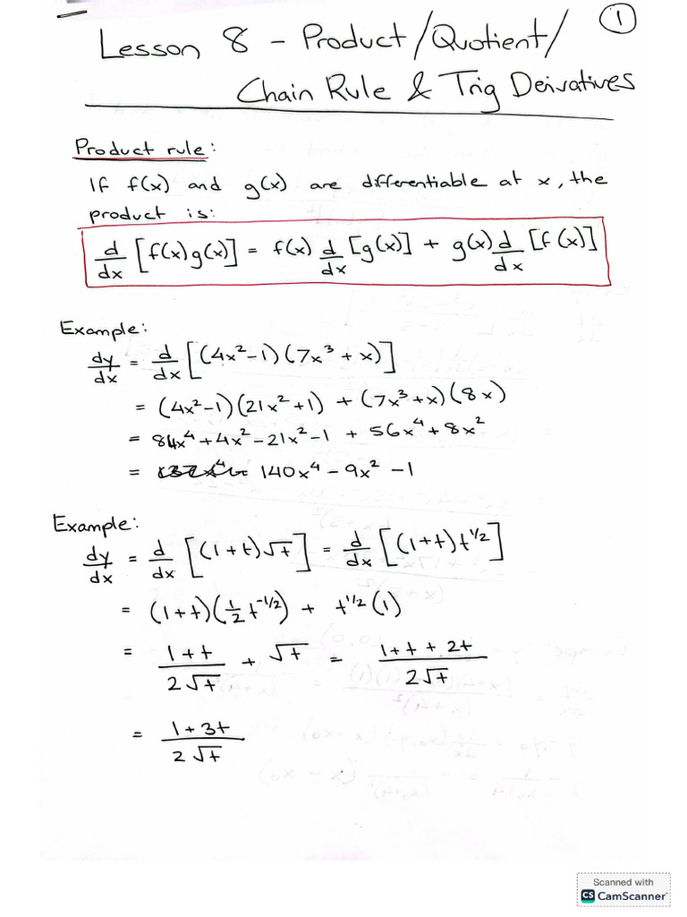 Lesson 8 (Product, Quotient, Chain Rules & Trig Derivatives) - Notes ...