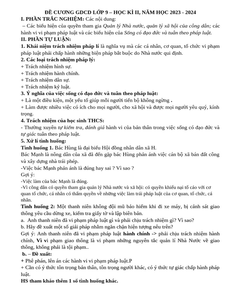 Đề Cương GDCD 9, KÌ II | PDF