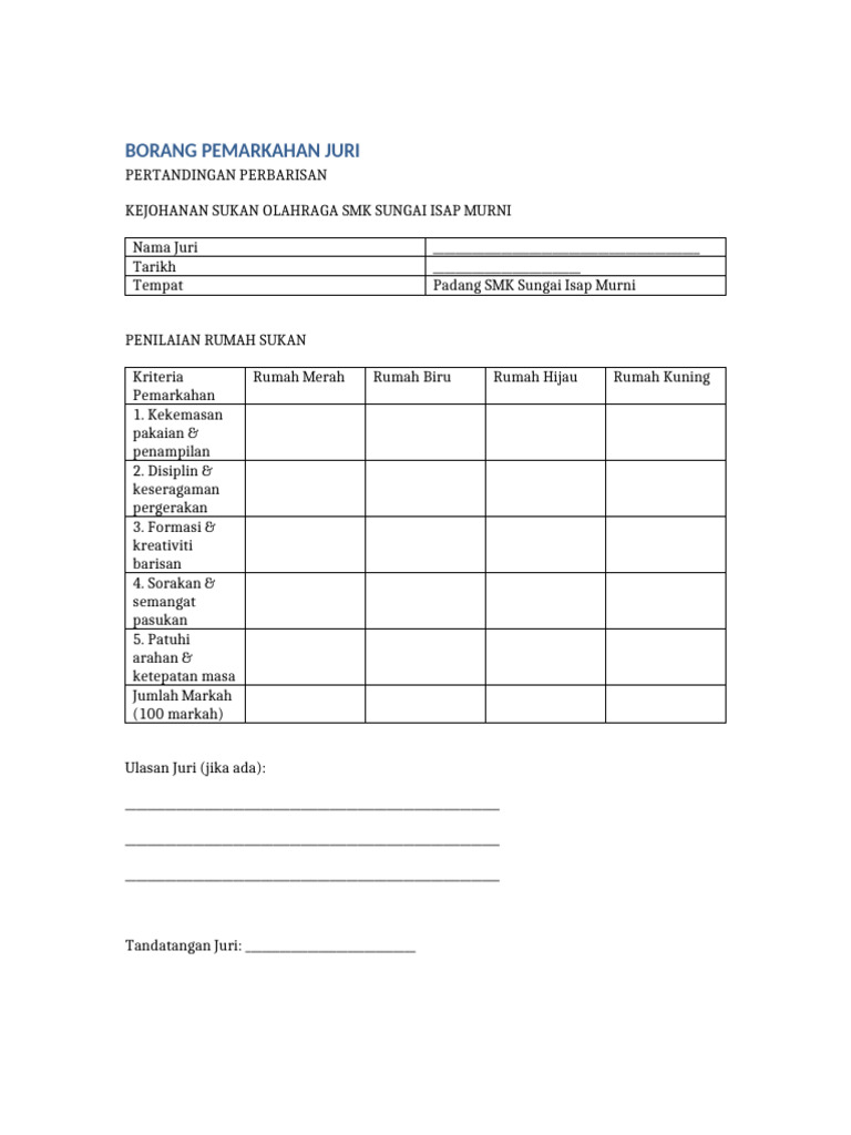 Borang Pemarkahan Juri Perbarisan | PDF