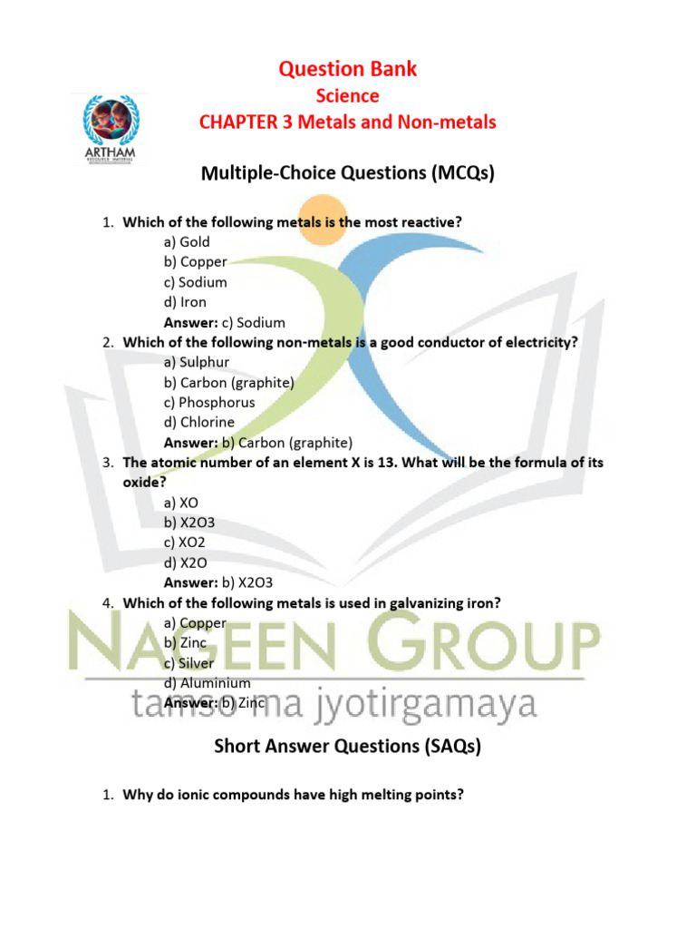 Class 10th Science Question Bank Chapter 3 Metals and Non-Metals | PDF ...